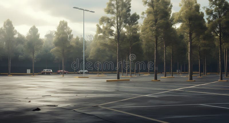 Empty Parking Lot Surrounded by Trees in a Quiet Setting Stock ...
