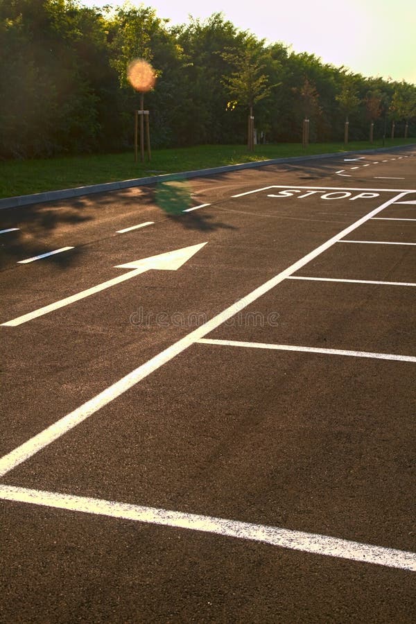 Empty Parking Lot with Trees and Grass at Sunset in Late Summer Stock ...