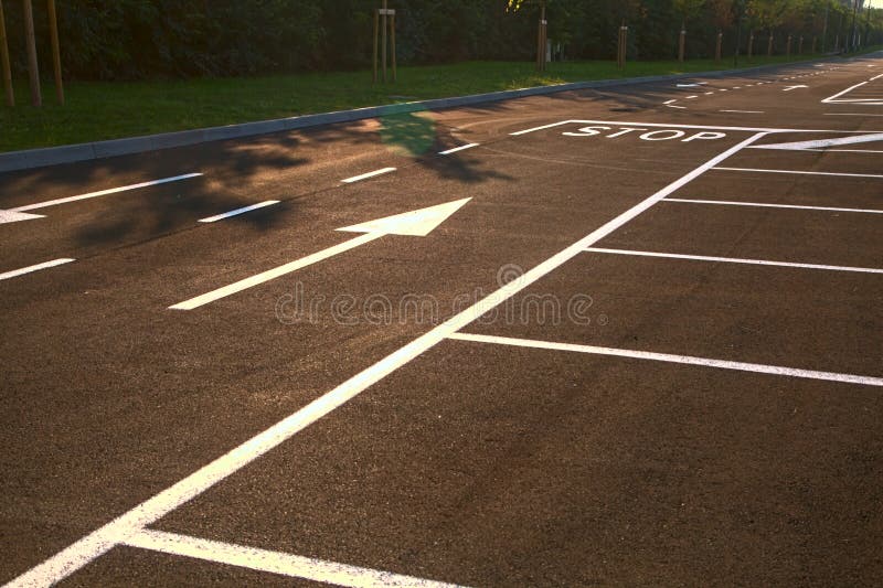 Empty Parking Lot with Trees and Grass at Sunset in Late Summer Stock ...