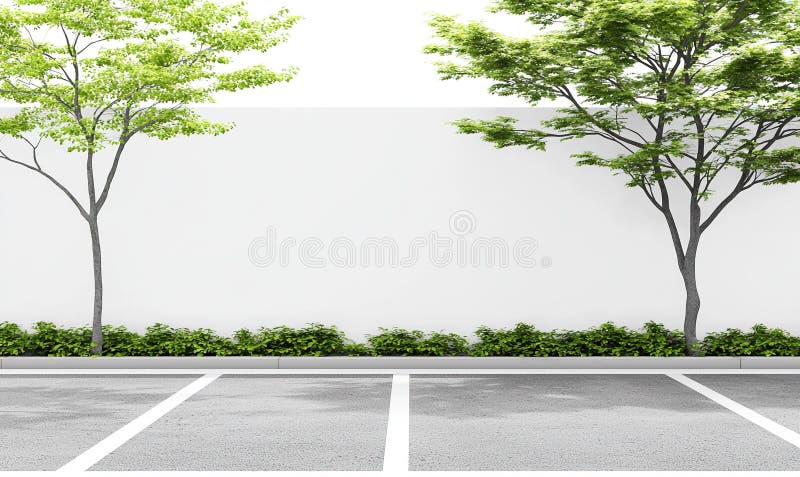 Empty Parking Lot with Trees and Shrubs Against a White Wall Stock ...