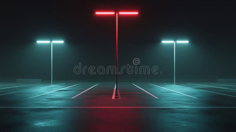 Empty Parking Lot with Two Rows of Parking Spaces Under Neon Lights the ...