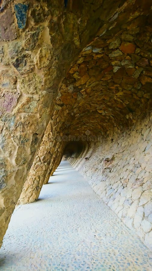 An Empty Passage in Parc-Guell with Curved Ceiling and Tilted Pillars ...