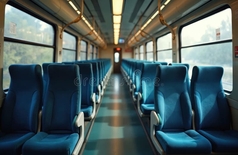Empty Passenger Train Interior with Rows of Blue Seats. Daytime, Nobody ...
