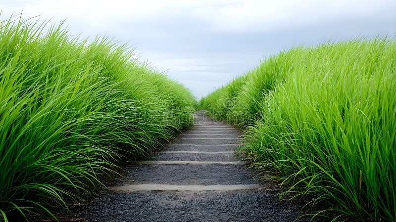Empty Path with Green Tall Grass on Both Sides Under Cloudy Sky. Close ...