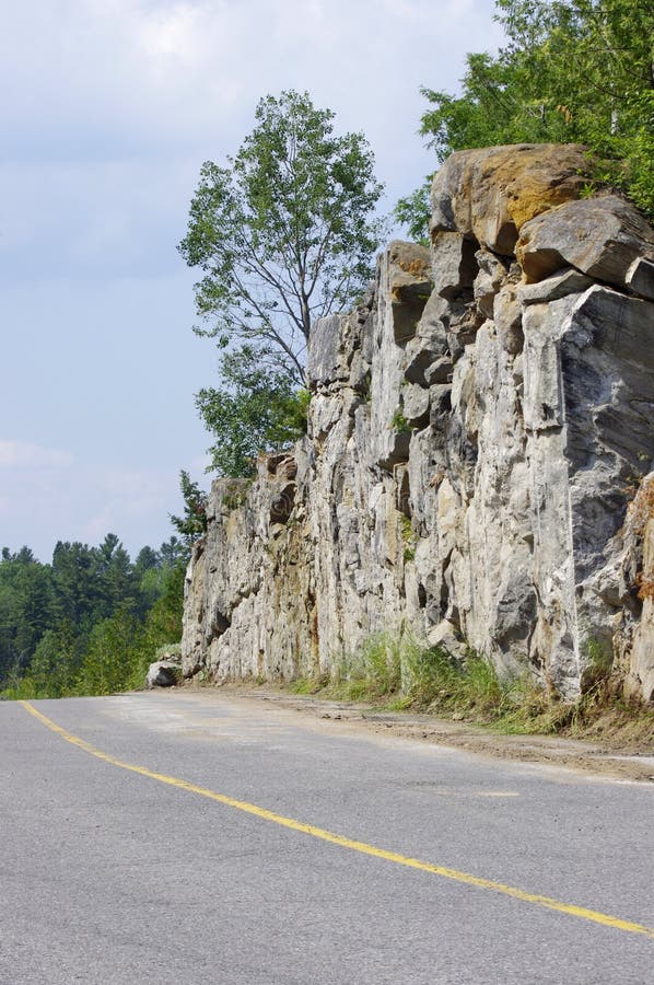 Rock Cliff Wall beside Smooth Paved Road with Yellow Solid Line Stock ...
