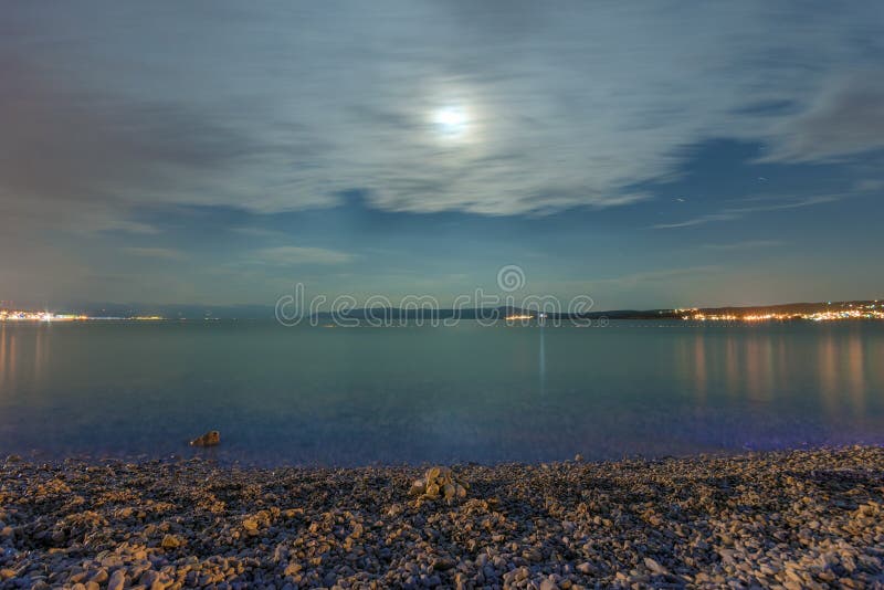 Empty Pebble Beach Night Illuminated Moonlight Stock Photos - Free ...