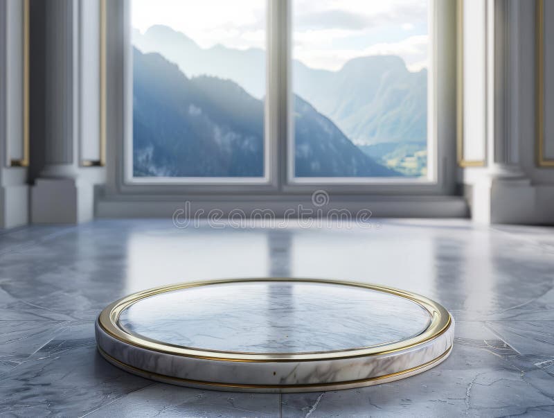 Empty Pedestal Stands Gracefully Against Grand Windows with Mountain ...