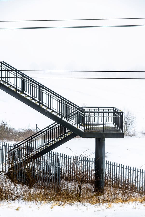 Empty Pedestrian Metal Bridge Elevated Walkway Over British Railroad ...