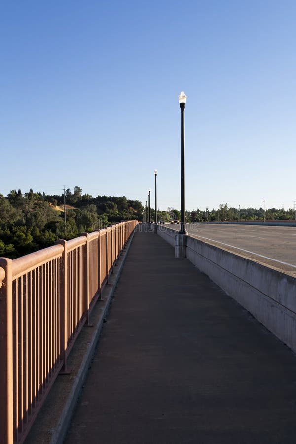 Empty Pedestrian Walkway Over Bridge Morning Blue Sky Stock Photo ...