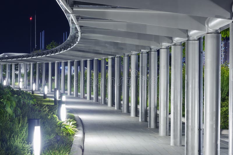 Empty pedestrian walkway stock image. Image of lamp, city - 64512753