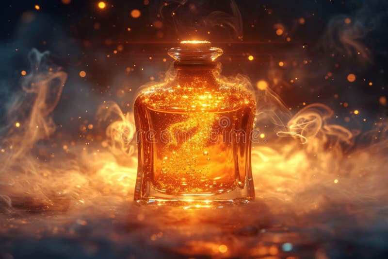 An Empty Perfume Bottle Against a Background of Fire and Smoke. 3d ...