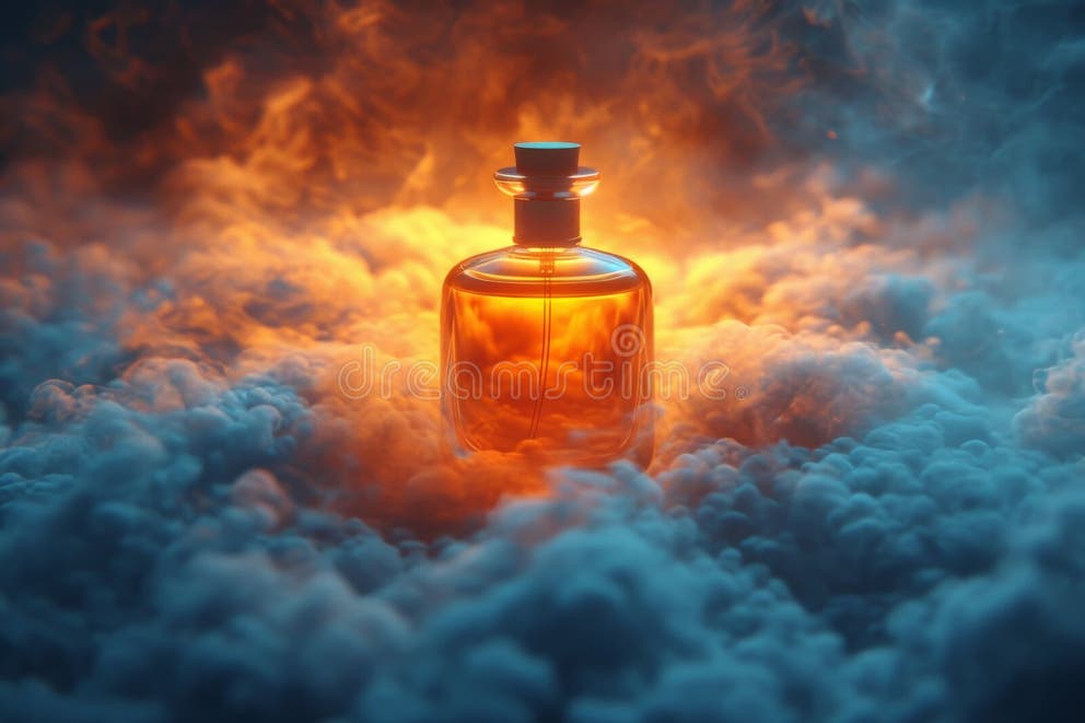 An Empty Perfume Bottle Against a Background of Fire and Smoke. 3d ...