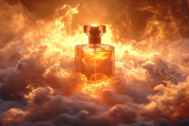 An Empty Perfume Bottle Against a Background of Fire and Smoke. 3d ...