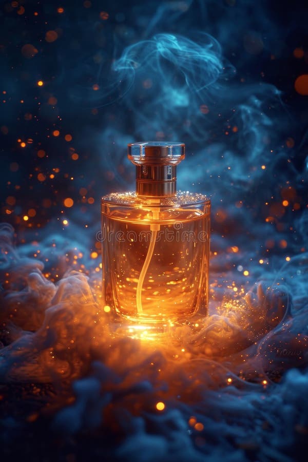 An Empty Perfume Bottle Against a Background of Fire and Smoke. 3d ...