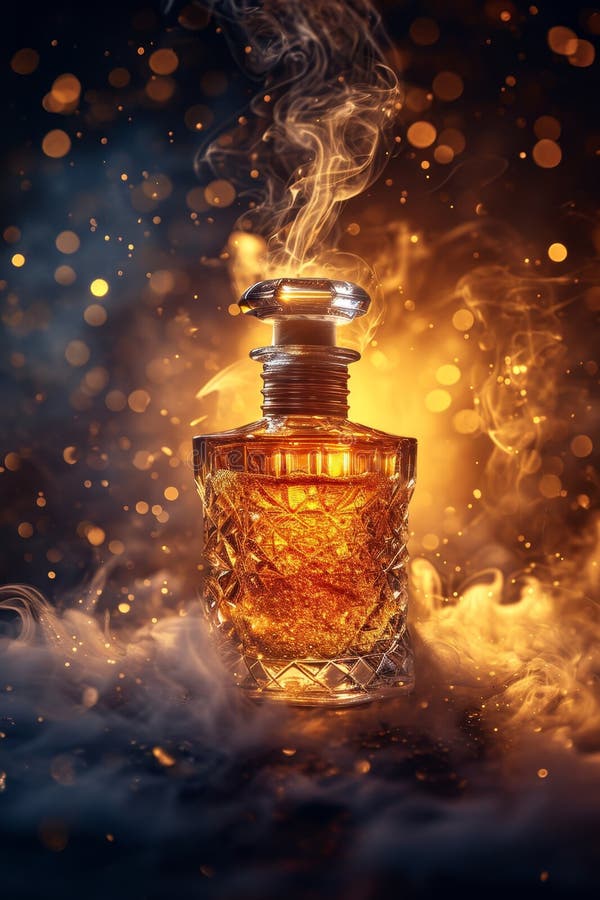 An Empty Perfume Bottle Against a Background of Fire and Smoke. 3d ...