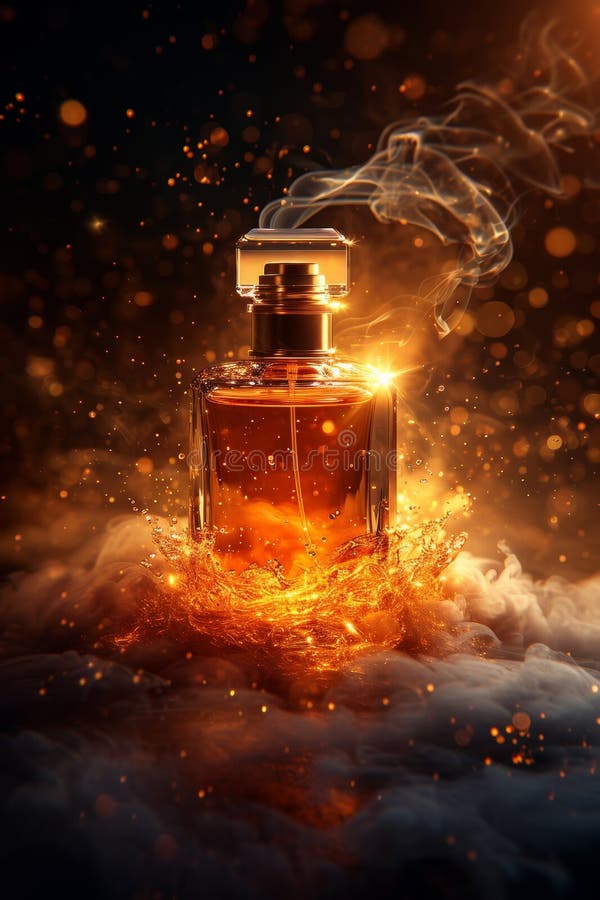 An Empty Perfume Bottle Against a Background of Fire and Smoke. 3d ...