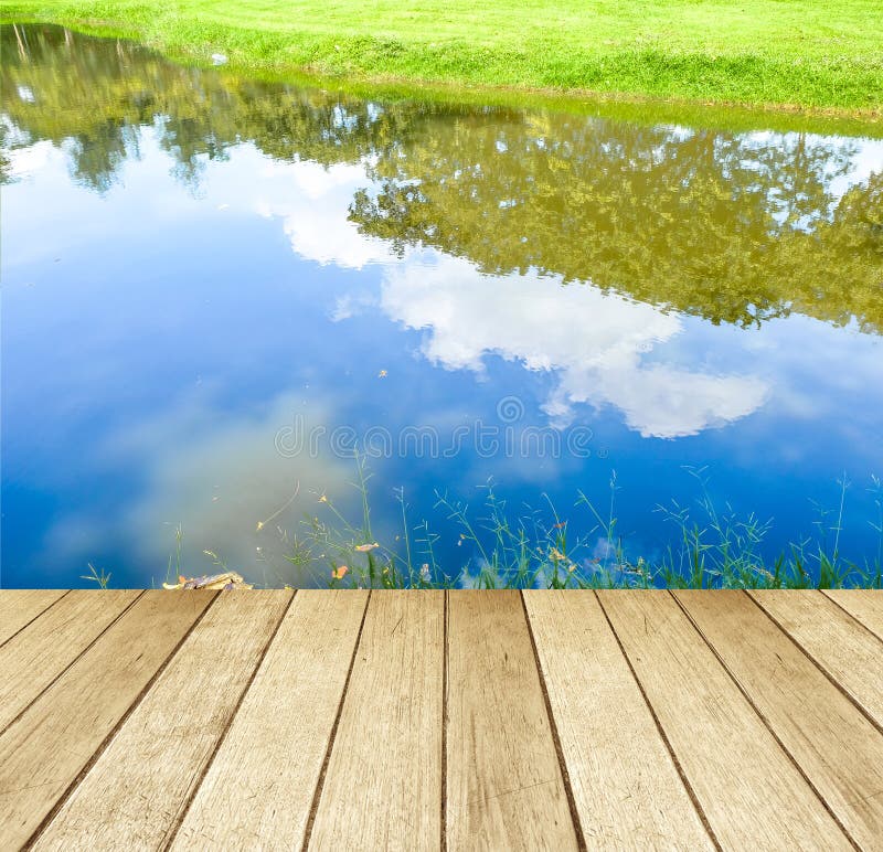 Empty Perspective Wood Over Trees and Blue Sky Reflection Stock Photo ...