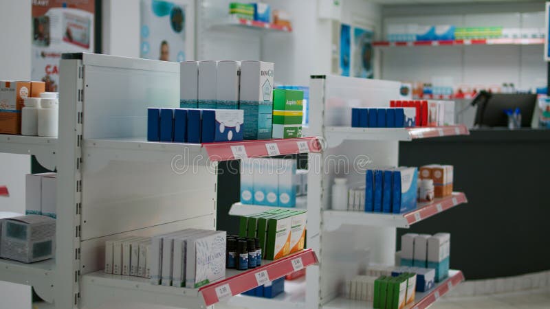 Empty Pharmacy Store Filled with Boxes of Medicaments and Supplements ...