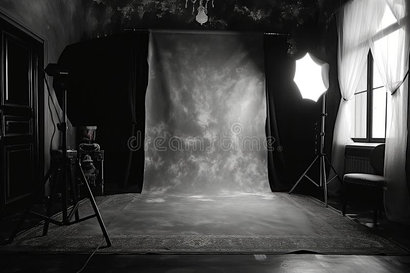 Empty Photo Studio with Black Background and Lighting Equipment Stock ...
