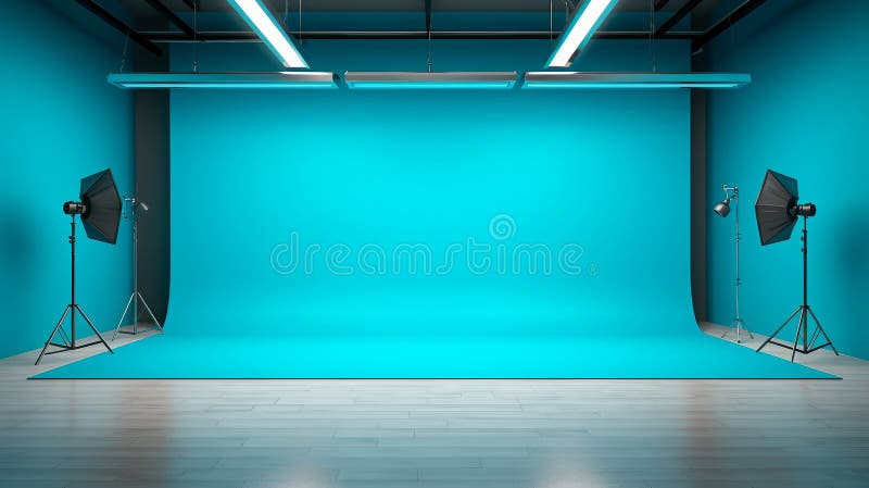 Empty Photo Studio Interior with Sky Blue Backdrop and Studio Lighting ...