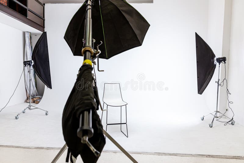 Empty Photo Studio with Lighting Equipment. Photographer Workplace ...
