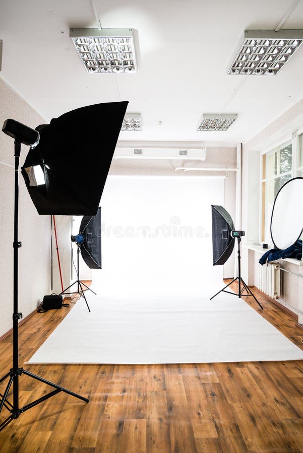 Empty Photo Studio with Lighting Equipment Stock Photo - Image of ...