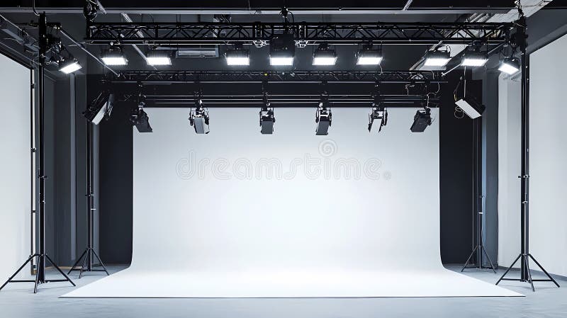 Empty Photo Studio with Lighting Equipment and White Backdrop Stock ...