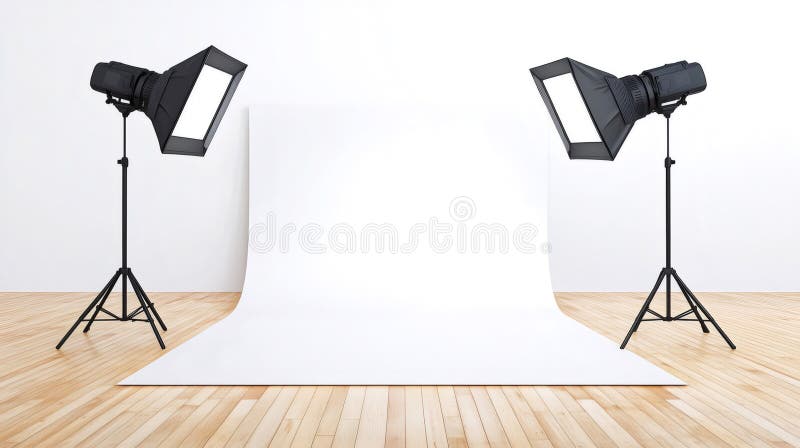 Empty Photo Studio with Lighting Equipment and White Backdrop Ready for ...