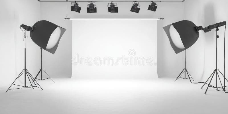 Empty Photo Studio with Two Lights: White Background and Studio ...