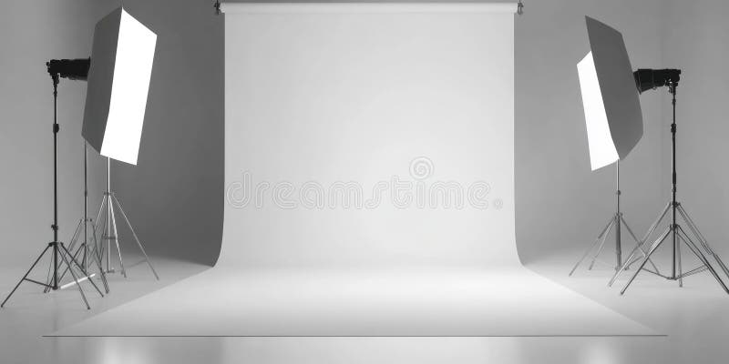 Empty Photo Studio with Two Lights: White Background and Studio ...
