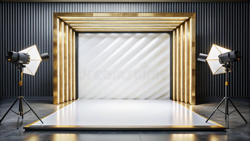 Empty Photo Studio with White Backdrop and Gold Frame Stock ...