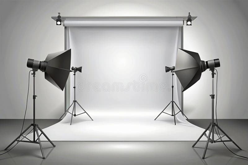 Empty Photo Studio with White Backdrop, Lighting Equipment, and Tripods ...