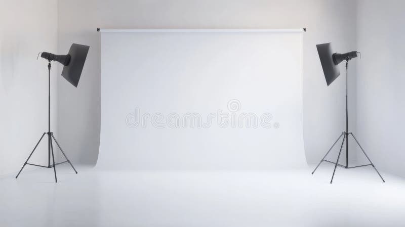 Empty Photo Studio with White Backdrop and Softbox Lighting Setup Stock ...
