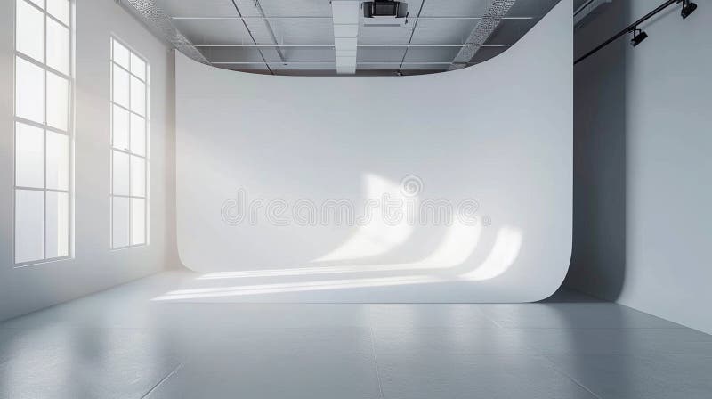 Empty Photo Studio with White Corner Cyclorama and Sunbeam. Lots of ...