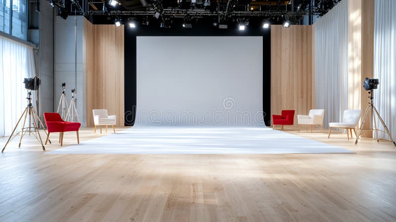 Empty Photography Studio with Backdrop, Lighting, Chairs, and Wooden ...