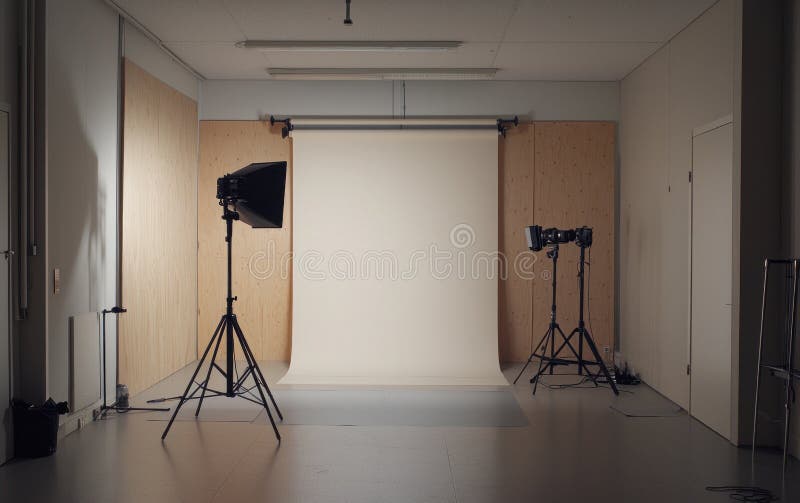 Empty Photography Studio with Lighting Equipment and White Backdrop ...