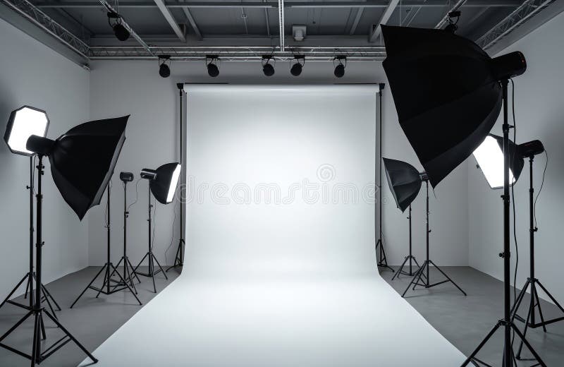 Empty Photography Studio Setup with Pro Lighting Equipment. White ...