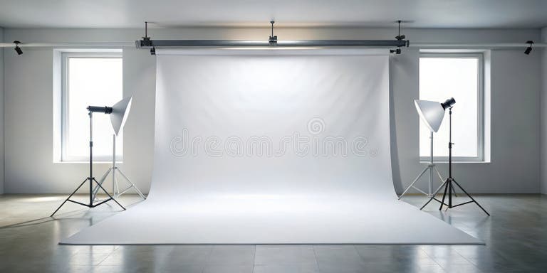 Empty Photography Studio with White Backdrop and Lighting Equipment ...