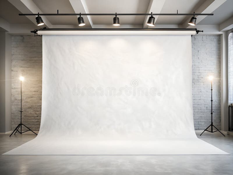 Empty Photography Studio with White Backdrop and Professional Lighting ...