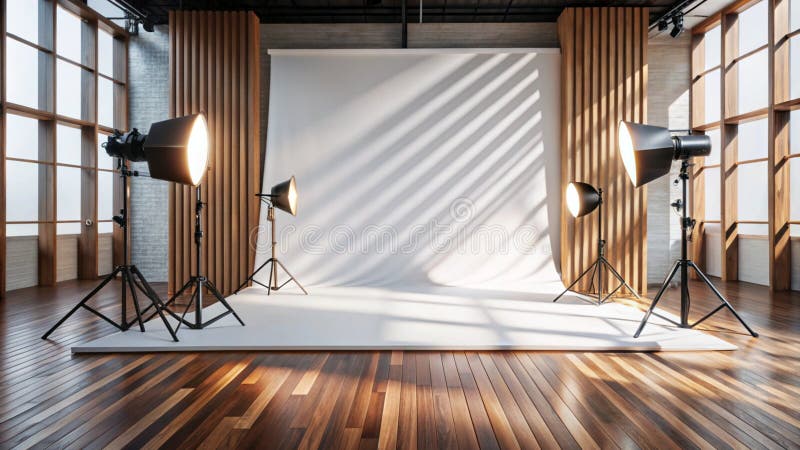 Empty Photography Studio with White Backdrop, Professional Lighting ...