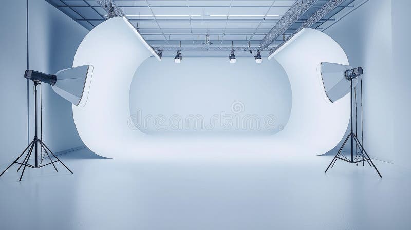 Empty Photography Studio with White Cyclorama Wall and Professional ...