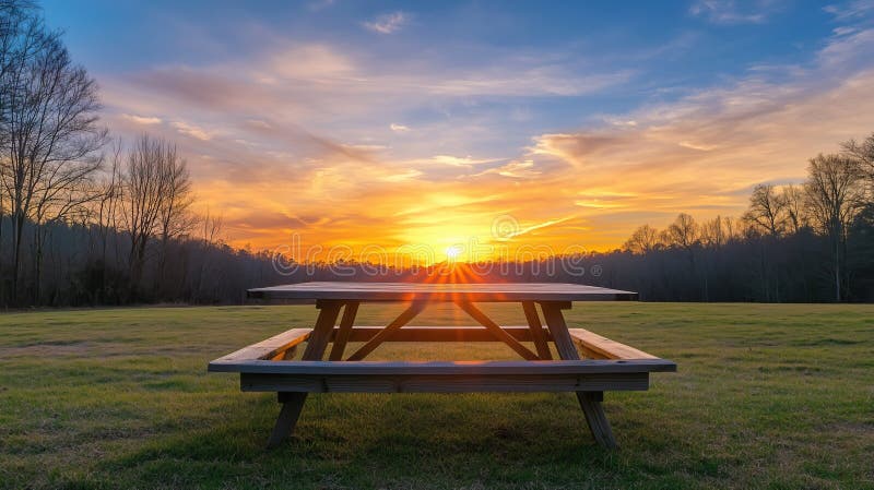 An Empty Picnic Table in a Park with a Beautiful Sunset in the ...