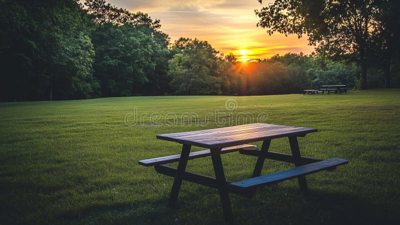 An Empty Picnic Table in a Park with a Beautiful Sunset in the ...