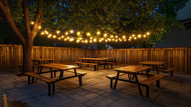 Empty Picnic Tables Illuminated by String Lights in a Cozy Backyard at ...