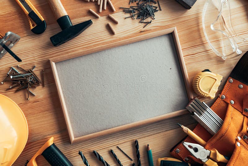 Empty Picture Frame As Copy Space on Carpentry Woodwork Desk Stock ...