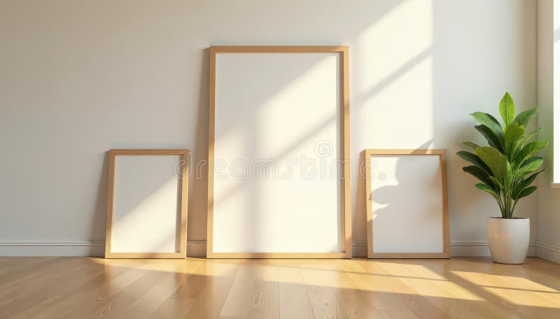 Empty Picture Frames, Warm Light Casts Shadows on Hardwood Floor ...