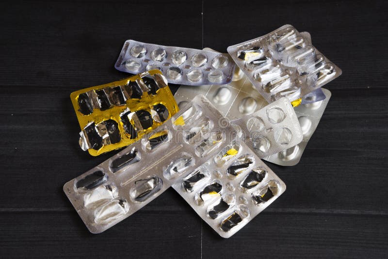 Empty Pill Boxes on the Black Table Stock Image - Image of blister ...