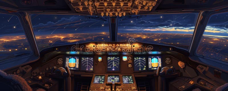 Empty Pilot Cockpit with Switched on Flight Deck Dashboard in Night ...