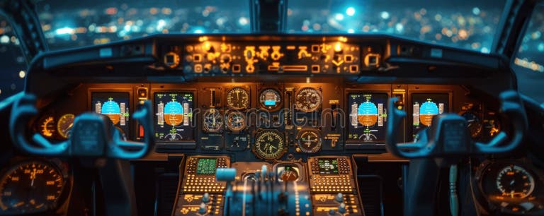 Empty Pilot Cockpit with Switched on Flight Deck Dashboard in Night ...