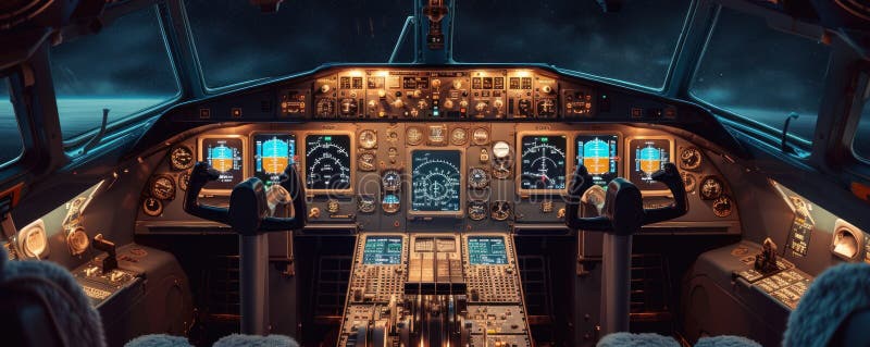 Empty Pilot Cockpit with Switched on Flight Deck Dashboard in Night ...
